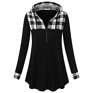 Messic Long Shirts for Leggings for Women, Tops to Wear with Leggings Cute Zip Vneck Pullover Tunic Tops Casual Comfy Lightweight Color Block Plaid Hooded Shirts for Women Black#2 XL
