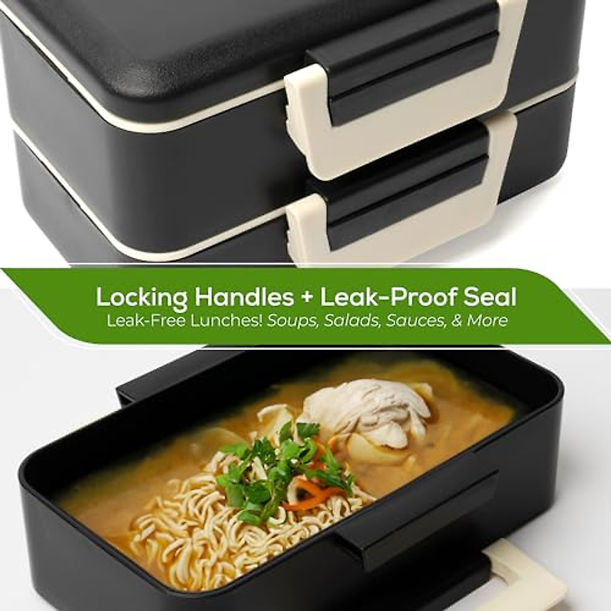 Adult Bento Box Lunch Box with Containers & Utensils - Leak Proof Bento Lunch Box for Adults - 2-Compartments w/ Handles, Sturdy, BPA-Free, Indoor, Outdoor, Gym, 5" x 7" x 4.5", Black Food Container