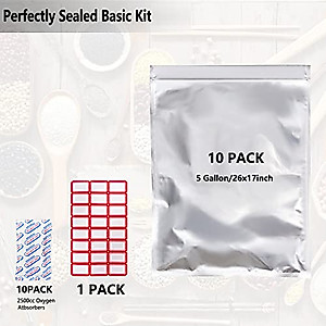 10 PCS 5 Gallon Mylar Bags For Food Storage, Mylar Bags With Oxygen Absorbers - 2500CC×10 PCS (10x PCS of 1), Large Aluminum Mylar Bags - 26"x17"