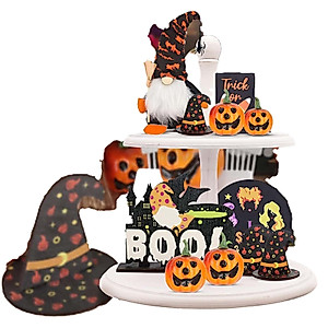Defined Deco Wooden Decorative Tray Two Tiered Tray, White Tiered Tray, Cupcake Stand, Serving Tray Stand with 3 Pcs Signs Decor for Kitchen Island Decor, Home Decor and Holloween Farmhouse Décor