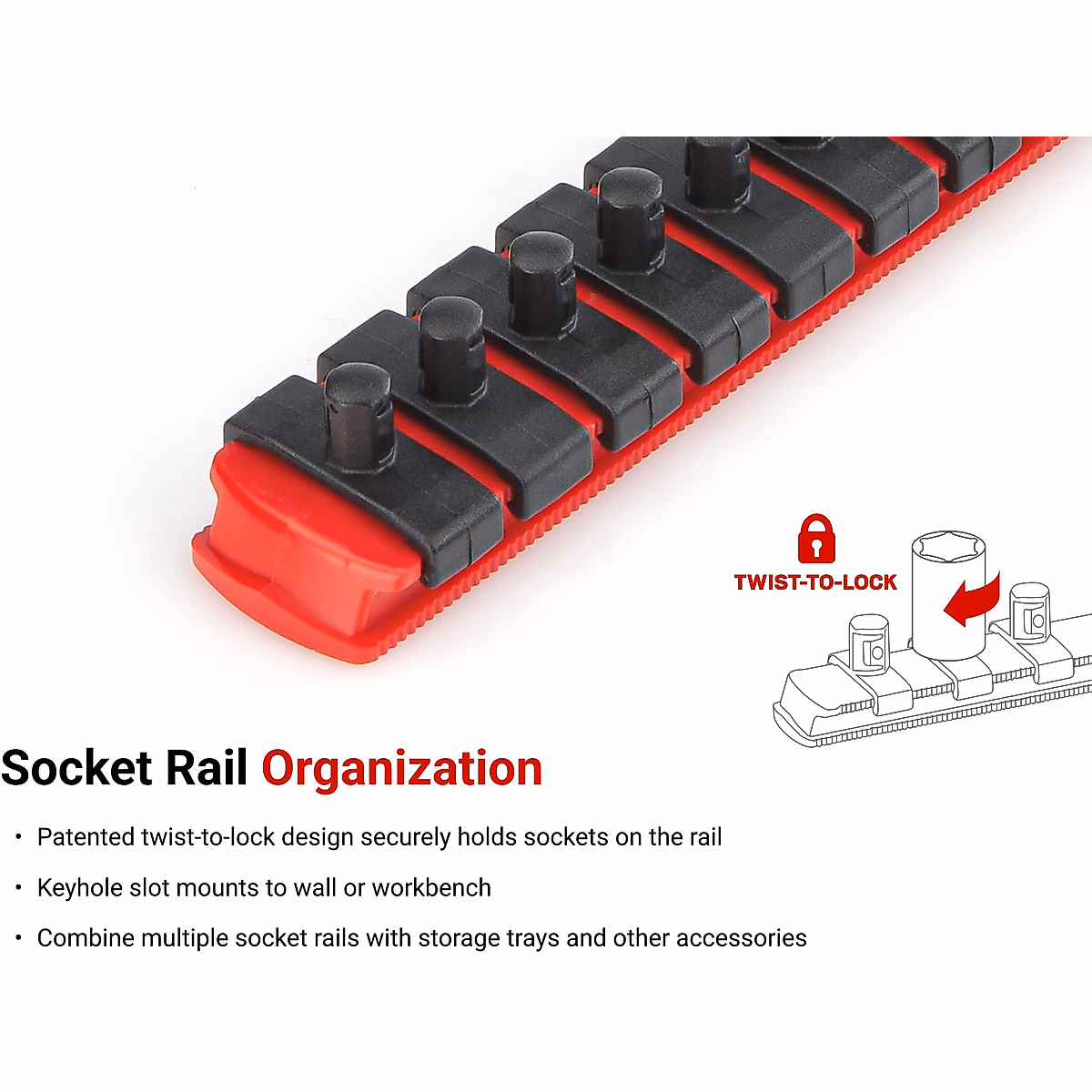 TEKTON 3/4 Inch Drive x 18 Inch Socket Rail, 10 Clips (Red) | OSR33110 | Made in USA
