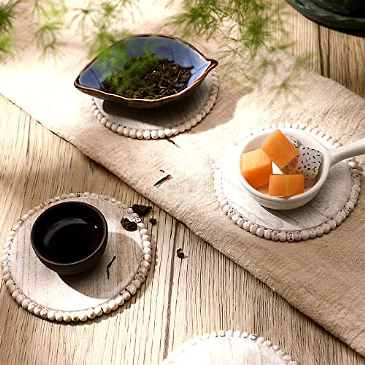 4 Pieces Wood Beaded Coasters 3.9 Inch Round Rustic Farmhouse Coasters Wooden Coasters for Drinks Decorative Table Top Coasters Wood Bar Coaster Set for Housewarming Home Kitchen (Beige)