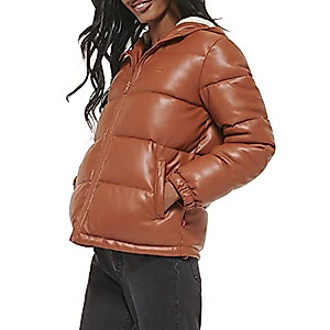 Levi's Women's Vegan Leather Quilted Hooded Puffer, Camel, X-Large