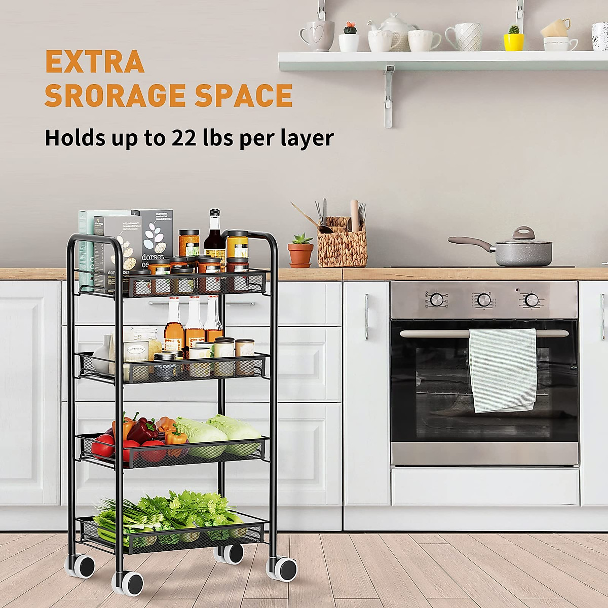 DMplus 4-Tier Metal Rolling Cart on Wheels with Baskets, Easy Carry and Assemble Multifunction Utility Cart with Practical Bucket and Hooks, Black MRC01B