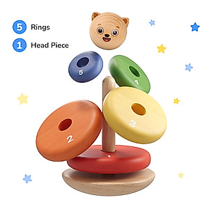 Bimi Boo Wooden Rainbow Stacking Rings for Toddlers - Ring Stacker Baby Toy with Roly-Poly Base - Montessori Early Counting Toy, Size Recognition Learning Activity - Ideal Baby Gift (5 Rings)