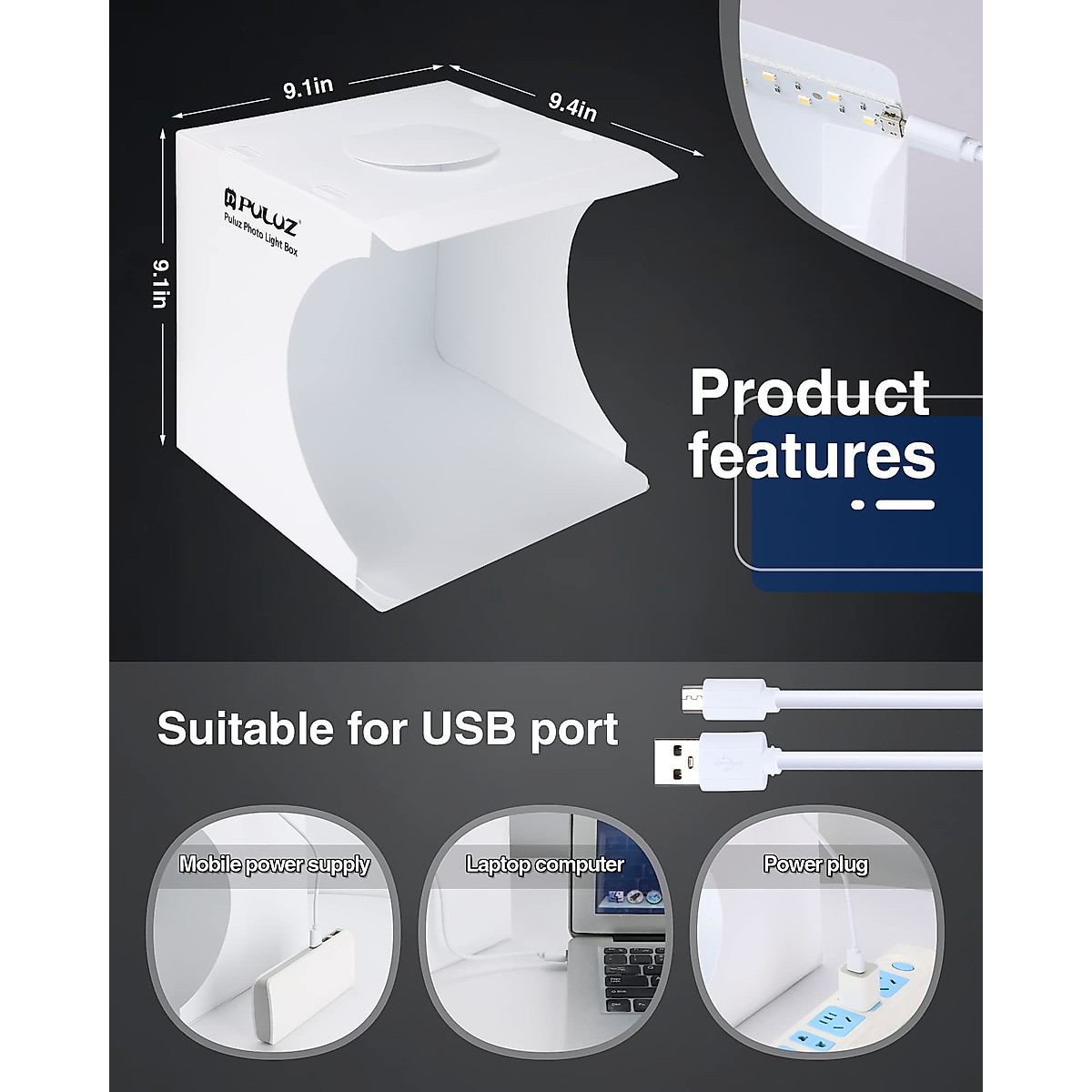 Mini Photo Studio Box, PULUZ 20cm Portable Photography Shooting Light Tent Kit, White Folding Lighting Softbox with 20 LED Lights + 6 Backdrops for Product Display