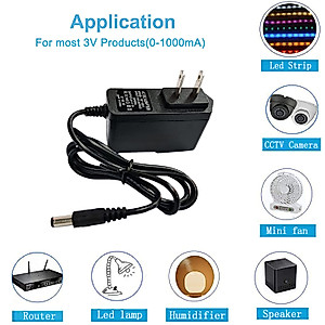 MTYTOT 2PCS 3V 1Amp Power Adapter Supply 100-240 AC to DC 3Volt 1000mA 0.8A 450mA 2.5mm X 5.5mm TIP Transformer Adapter for LED Lights Tabletop Fountain, Replacement 2AA's in Small Devices