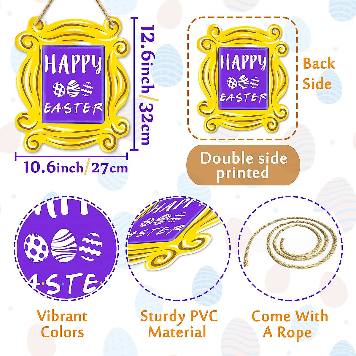 Happy Easter and Eggs Sign Welcome Large Hanging Sign Door Decor with Rope for Easter Party Garden, Yard Spring Home Decorations