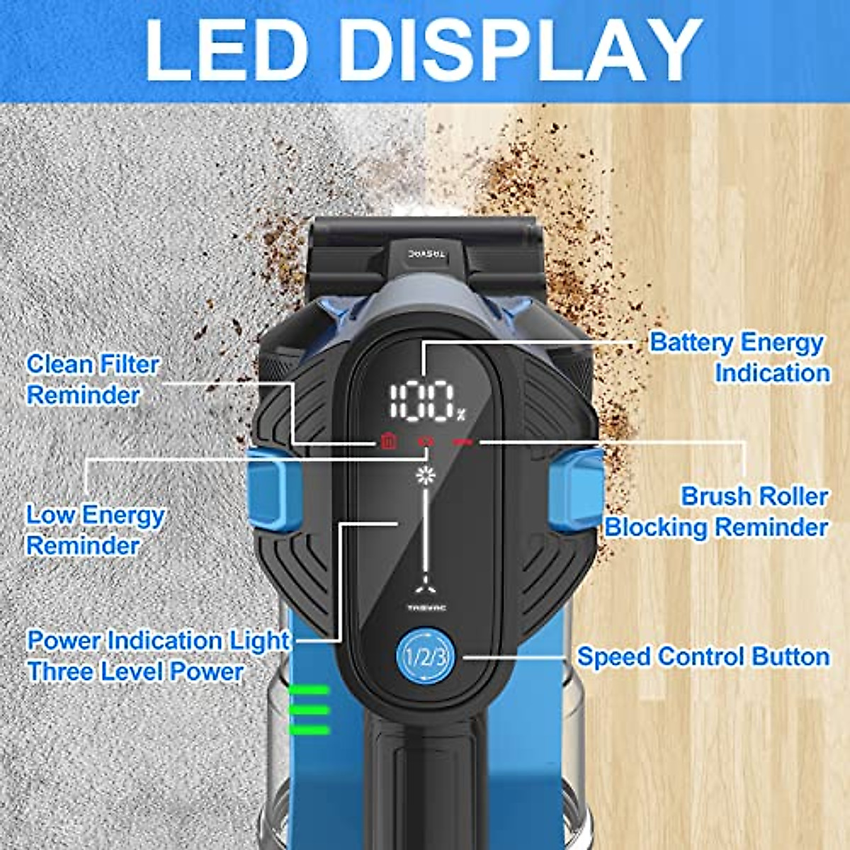 TASVAC Cordless Vacuum Cleaner, 28Kpa Stick Vacuum with LED Display, Up to 50min Runtime, 6-in-1 Lightweight Powerful Vacuum with Detachable Battery Self-Standing for Hard Floor Carpet Pet Hair