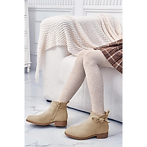 Coutgo Girls Toddler Bow knot Ankle Boots Low Chunky Heel Side Zipper Cute Dress Booties Little Big Kid, Beige, size 2