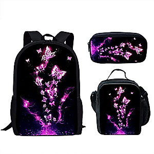 Bulopur Purple Butterfly Backpack for Girls Kids, 3D Butterflies School Backpacks Bookbag Lightweight , Starry Night Large Capacity Lunch Box Pencil Bag Pack of 3