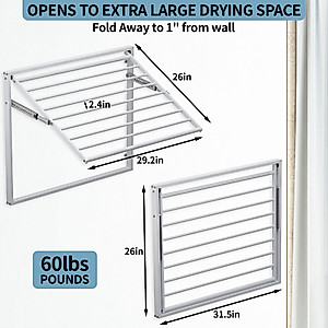 yeshine 31.5" Wide Wall Mounted Clothes Drying Rack, 23.6 Linear Feet Capacity, 60 Lb Capacity, 9 Smooth Metal Round Rods, Collapsible Laundry Drying Rack, Adjustable Drying Rack Clothing Heavy Duty