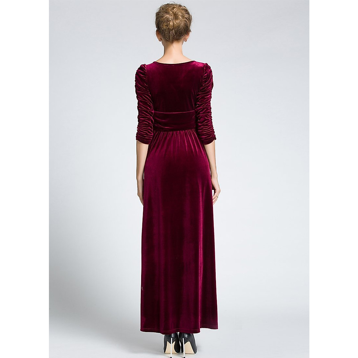 MedeShe Women's Christmas Long Velvet Maxi Dress (14/16, Burgundy Ruched Waist)