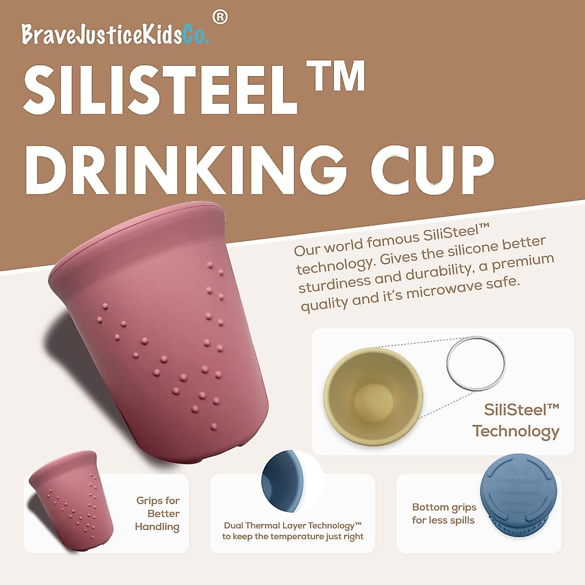 BraveJusticeKidsCo. | SiliSteel™ Drinking Cups | Kids and Toddler Silicone + Steel Dinnerware Cups | Unbreakable Dinnerware | Reusable Dishwasher Safe Water Glasses (2 Pack) (Cream)