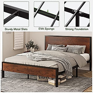 IMUsee Full Size Bed Frame with Wood Headboard and Footboard Platform, Heavy Duty Metal Frame with 12" Under Bed Storage, No Box Spring Needed, Noise Free, Brown