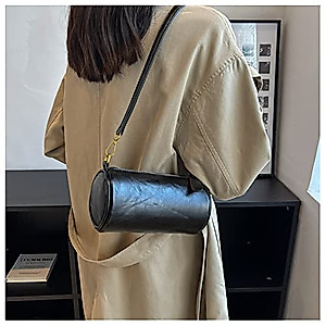 DIVCIDLC Women Cylindrical Bag, Wide shoulder strap Crossbody Shoulder Bag Purse with 2 Straps, Small Satchel Pouch Round Bag, Black