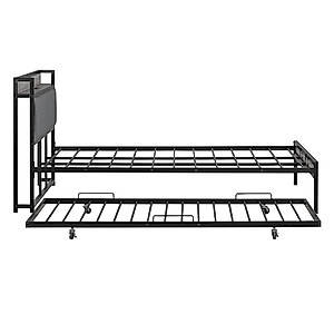 Anwick Metal Platform Bed Frame with Twin Size Trundle, Upholstered headboard, Sockets, USB Ports and Slat Support, No Box Spring Needed