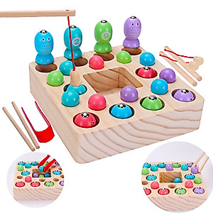 Montessori Toys for Toddlers Wooden Fishing Game Fine Motor Skill Autism Toys Occupational Therapy Learning Magnet Fishing Pole Clamp Chopsticks Preschool Math Game for Kids Age 3 4 5 6 Year Old