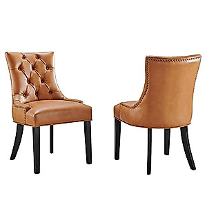 Modway Regent Modern Tufted Vegan Leather Upholstered Two Dining Chairs with Nailhead Trim in Tan