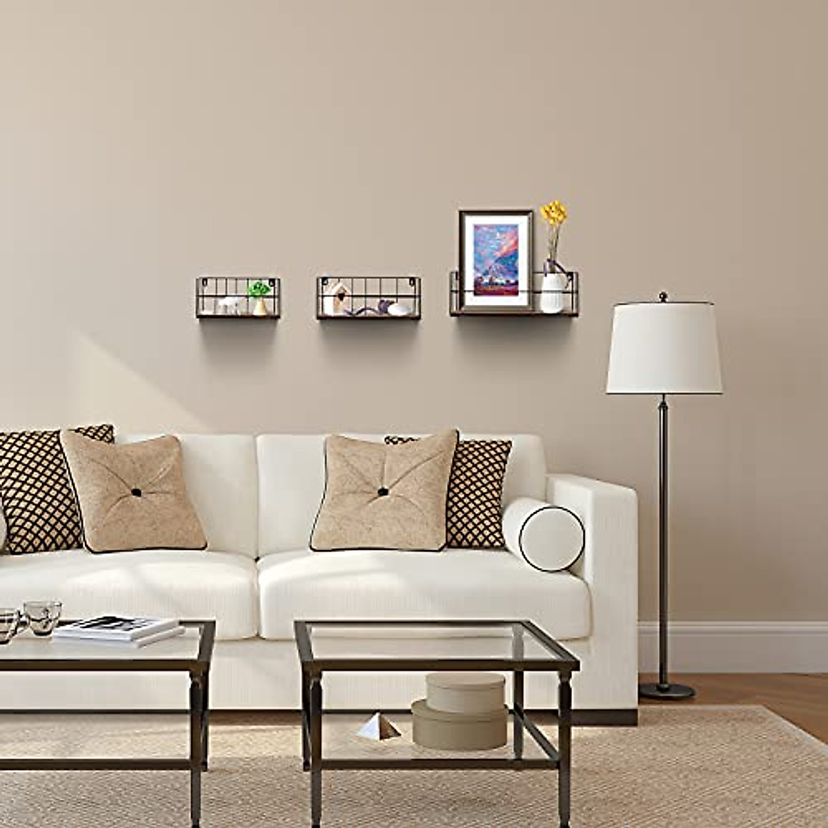 HORLIMER Floating Wall Shelves Set of 3, Rustic Wood Wire Frame Hanging Shelf for Bathroom Bedroom Living Room Kitchen