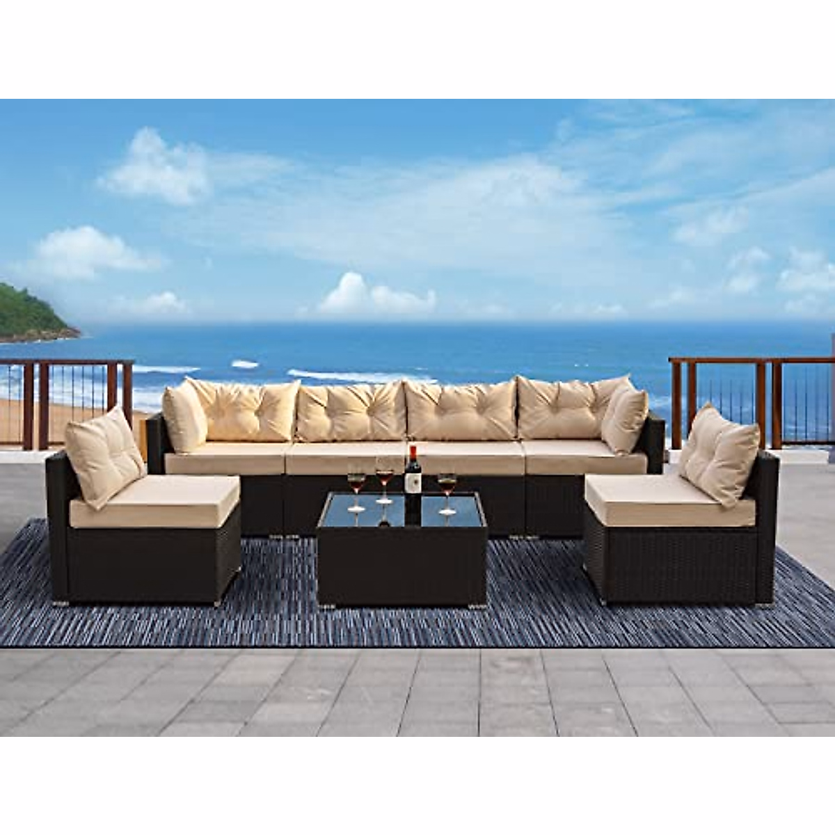 Allewie Patio Furniture Set 7 Pieces Outdoor Furniture with Seat Cushions and Tempered Glass Coffee Table, Wicker Patio Conversation Sets for Backyard, Porch, Balcony, Poolside, Khaki & Black