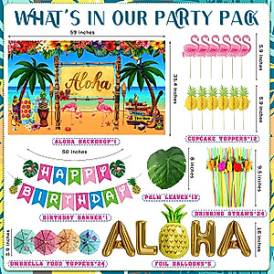 Hawaiian Luau Party Decorations Tropical Luau Theme Aloha Party Pack 171pcs for Summer Beach Holiday (Including Table Skirt, Backdrop, Banner, Balloons, Hibiscus Palm Leaves, Cake Toppers) (Luau-02)