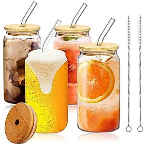 MUAZIDA Can Shaped Glass Cups with Lids and Straws, Iced coffee tumbler, Glass Cup with Bamboo Lid and Straw, Set 4pcs 16 oz Beer Glasses, Gift 2 Cleaning Brushes, Straw Case