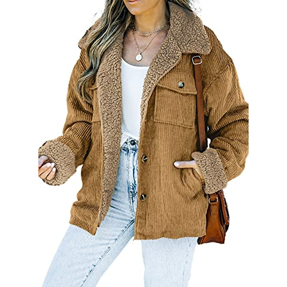 Dokotoo Stylish Women's Ladies Thick Sherpa Lined Warm Corduroy Jackets Classic Button Down Long Sleeve Comfy Teddy Bear Oversized Coat for Fall Winter with Side Pockets Brown 2XL
