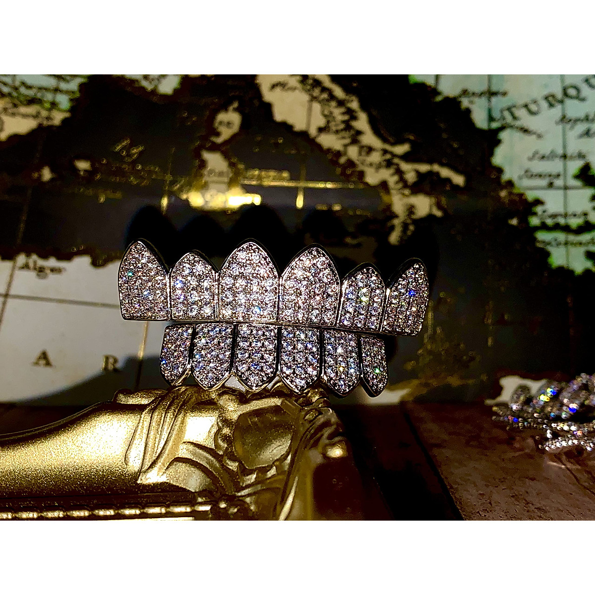 18K White Gold Plated CZ Cluster Custom Slugs Top Bottom Grillz Mouth Teeth Grills Set - Grillz, Teeth Cap, Iced Out Grillz (Top & Bottom Set)