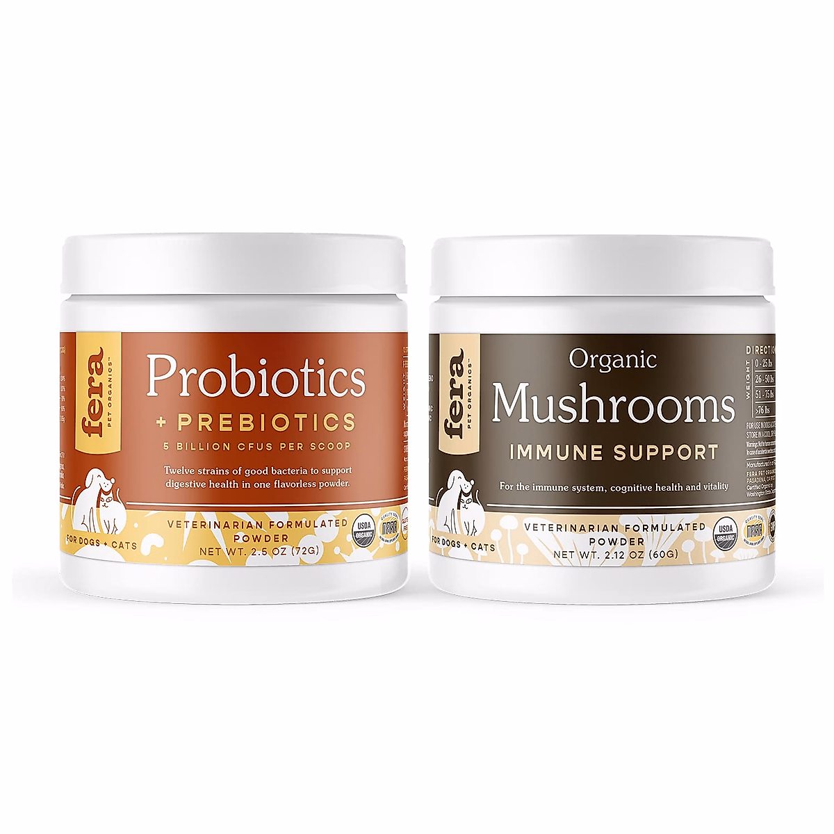 Fera Pet Organics Probiotic and Allergy & Immune Support Mushroom Supplement Bundle for Dogs and Cats – All Natural Probiotics Powder with 5 Billion CFUs per Scoop – Mushroom Blend Immune Booster