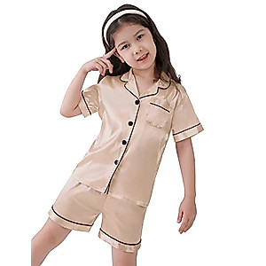 SWOMOG Kids Satin Pajamas Sets Girls Boys Button-Down Pjs Short Sleeve Silk Nightwear 2 Piece Lounge Sets