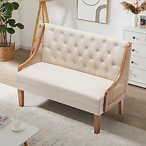 Yongqiang Modern Settee with Back Small Loveseat Sofa Rattan Upholstered Dining Banquette Seating for Kitchen Dining Room Living Room Linen Button Tufted Mini Couch