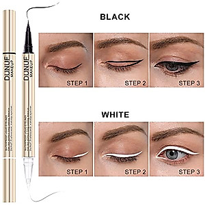 DUNUF MAKEUP 2 in1 Waterproof Liquid Eyeliner, Pitch Black, White,white liquid liner，0.02 Fl Oz (Pack of 1)