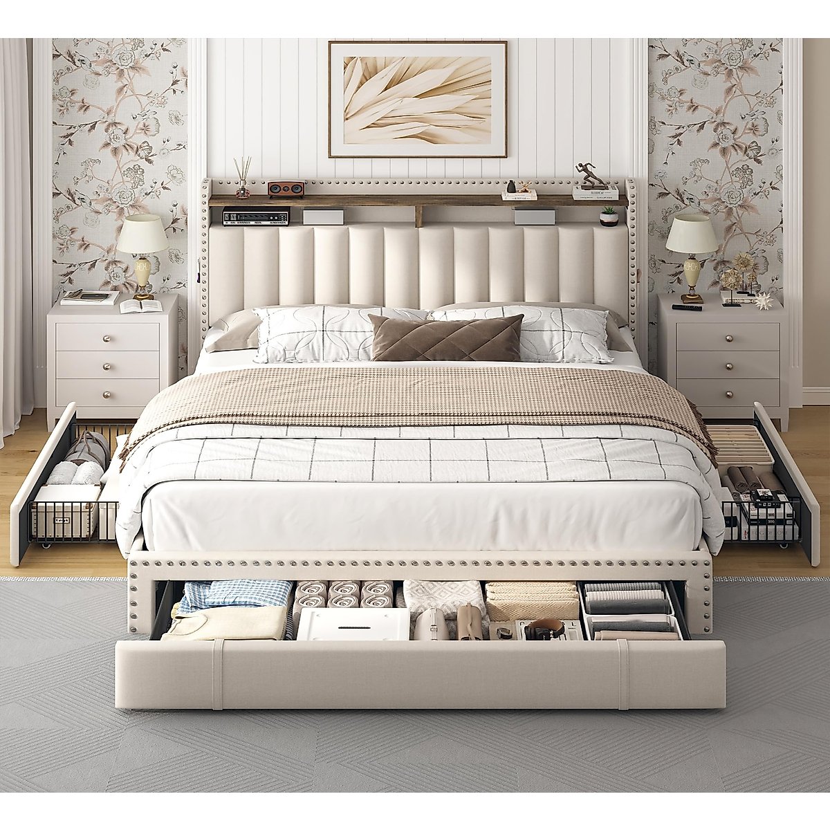 EnHomee Queen Bed Frame with 3 Drawers,Bed Frame Queen Size with Upholstered Headboard and Storage,2-Tier Shelves,1100LBS for Strong Support, No Box Spring Needed,Easy Assembly,No-Noise,Beige