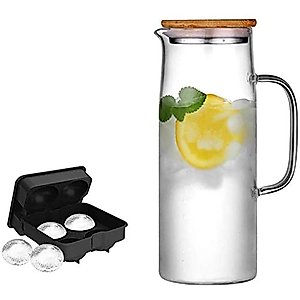 Glass Pitcher with Bamboo Lid - High Heat Resistance Stovetop Safe Pitcher for Hot/Cold Water & Iced Tea (1200ML 42oz)