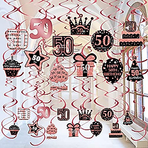 Pimvimcim 50th Birthday Hanging Swirls Decorations for Women, 36pcs Happy 50 Year Old Birthday Swirls Supplies, Rose Gold Fifty Birthday Party Hanging Swirl Décor