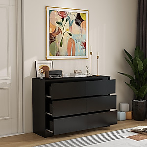 Panana Modern 6 Drawer Double Dresser, Wood Wide 6 Chest of Drawers with Deep Drawers Floor Storage Lateral Drawer Cabinet Organizer for Living Room Bedroom Home Office (Black)