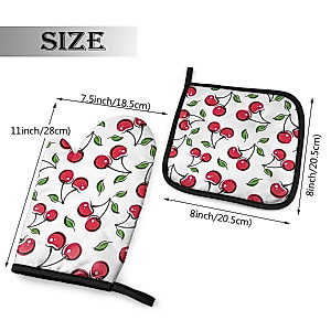 VunKo Red Cherry Oven Mitts and Pot Holders Sets Heat Resistant Oven Gloves with Non-Slip Surface for Safe BBQ Cooking Baking Grilling Set of 2