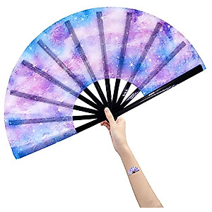 Amajiji Large Folding Fan, Chinease/Japanese Bamboo and Nylon-Cloth Folding Hand Fan, Hand Folding Fans for Women/Men, Hand Fan Festival Gift Fan Craft Fan Folding Fan Dance Fan (Galaxy)