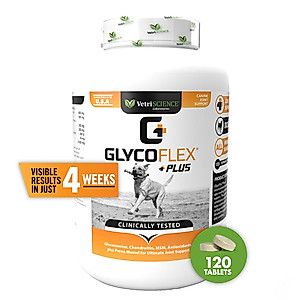 VETRISCIENCE GlycoFlex Plus Hip and Joint Supplement for Dogs, Chewable Tablet â€“ Extra-Strength Joint Support with Green Lipped Mussel, Chondroitin, and Glucosamine for Dogs