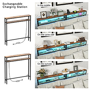 Tohomeor 5.9" Narrow Console Sofa Table with Power Outlets Led Light Sofa Skinny Behind Couch Table with Shelves Metal Frame and Charge Station (1, Rustic Brown)
