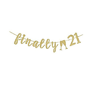 Finally 21 Banner, 21st Birthday Party Sign Gold Gliter Paper Backdrops Decors