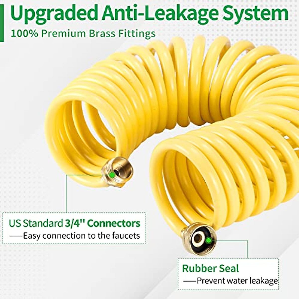 Yereen Coil Garden Hose 25FT, EVA Recoil Garden Hose, Self-coiling Water Hose with 3/4" Brass Connector Fittings with 8 Function Spray Nozzle, Creamy Yellow