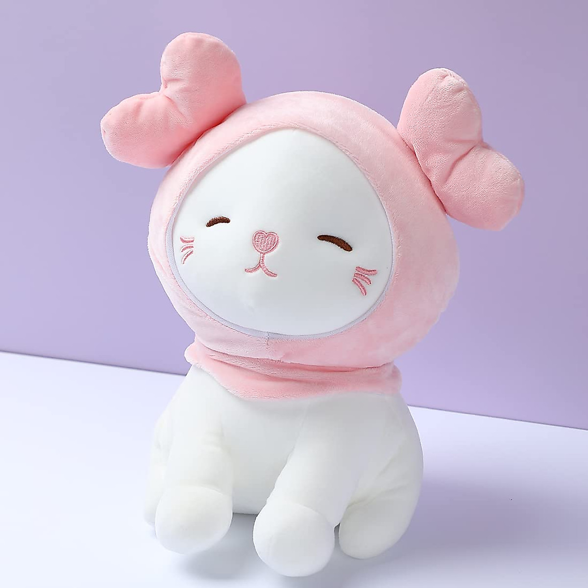 MINISO 11" Cat Plush Kawaii Stuffed Animal Pillow, Cute Soft Body Pillow with Double Heart Hat, Big Plush Toy for Valentine's Day Gift