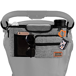 Homlynn Stroller Organizer, Parent Console Storage Bag-2 Deep Cup Holders Extra-Large Storage with Shoulder Strap, Adjustable Handlebar Strips-Fit All Stroller Models(Grey)