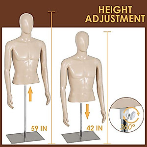 Male Mannequin Torso Dress Form Sewing Manikin 42-59 Inch Height Adjustable Dress Model Mannequin Display Head Dress Mannequin Clothing Form Metal Base Stand