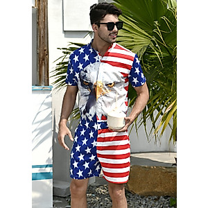 RAISEVERN Men's Rompers Male Zipper Jumpsuit Shorts Flag Independence Day 4th of July One Piece Romper Slim Fit Bro Short Sleeve Shirt Outfits
