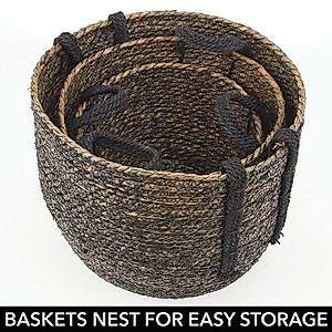 mDesign Round Braided Seagrass Woven Storage Basket with Jute Handles - Rope Weave Circle-Shaped Basket Bin for Shoe Storage in Entryway, Organizing Playroom Toys, and Laundry - Set of 3 - Black Wash