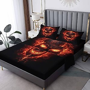 Goth Sheet Set King Size - Skull Bed Sheets - Flame Printed Bedding Sheets & Pillowcases - Super Soft & Deep Pocket & Winkle Free - 4 Piece (Flat, Fitted Sheet & 2 Pillowcases) &3L-80