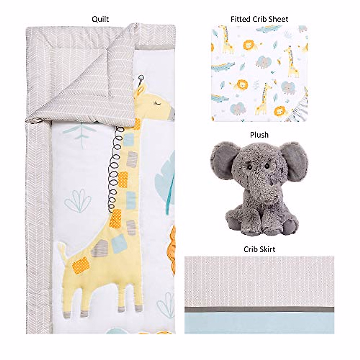 Sammy & Lou Jungle Pals 4-Piece Baby Nursery Crib Bedding Set for Boys, Includes Quilt, Fitted Crib Sheet, Crib Skirt, and Plush Toy